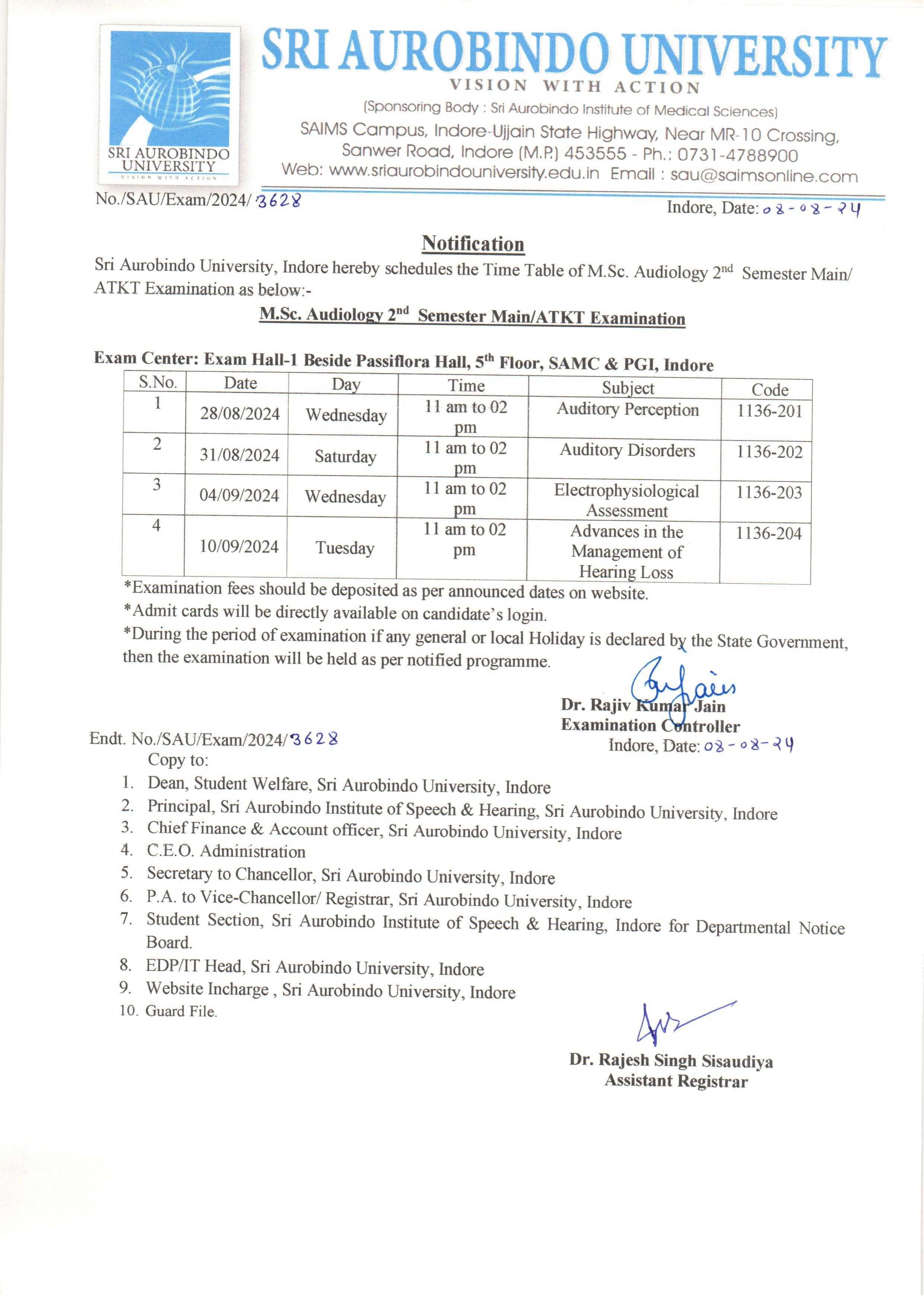 Examination Timetable for M.Sc Audiology 2 nd Sem - 2024