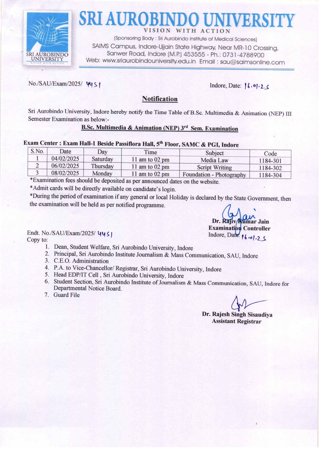 Examination Time-Table for B.A. MMC (Old Scheme) 5 th Semester