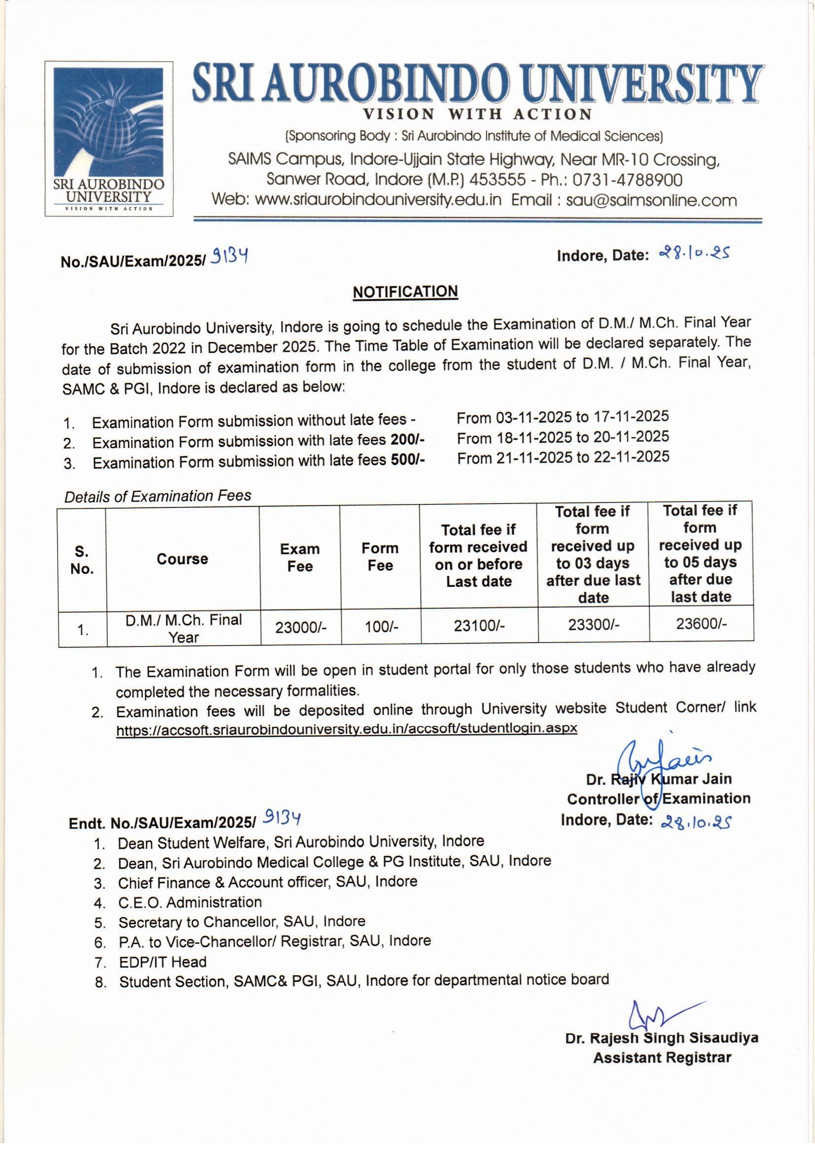 Notification for Exam Form Submission of DM/M. Ch. Final Year Exam