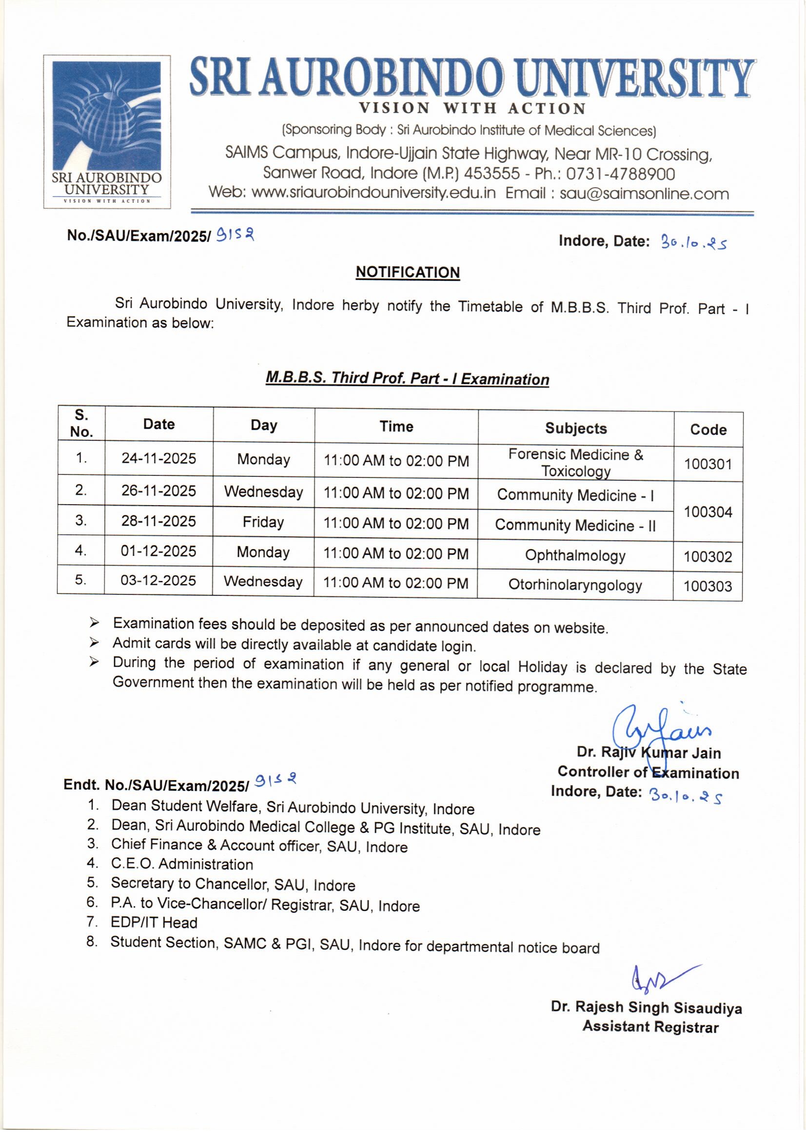 Examination Timetable for MBBS Third Prof Part-I - 2025